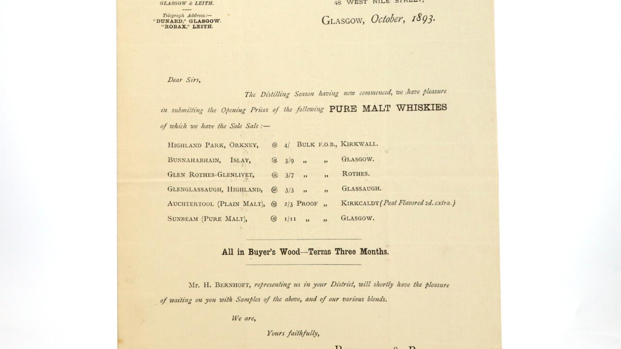 Robertson & Baxter 1893 Cask Price List / Includes Closed Distilleries ...