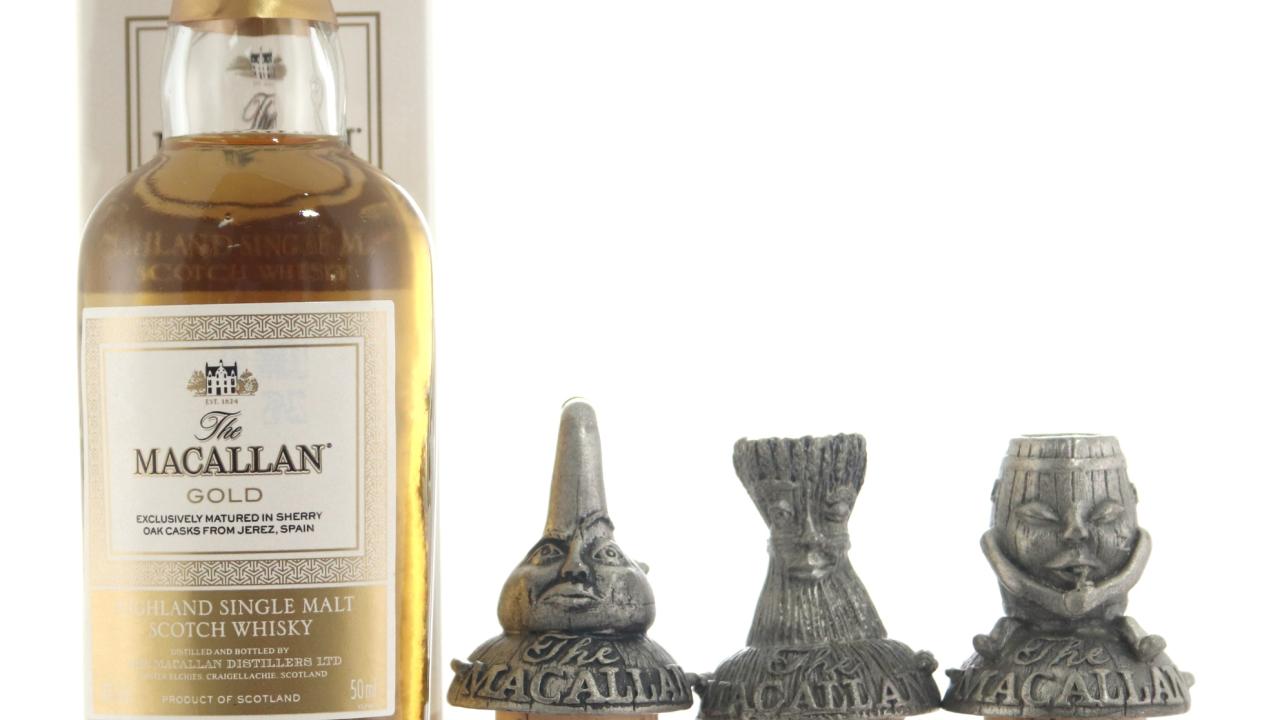 Macallan Pewter Stoppers x 3 & Gold Miniature Whisky | Whisky Auctioneer